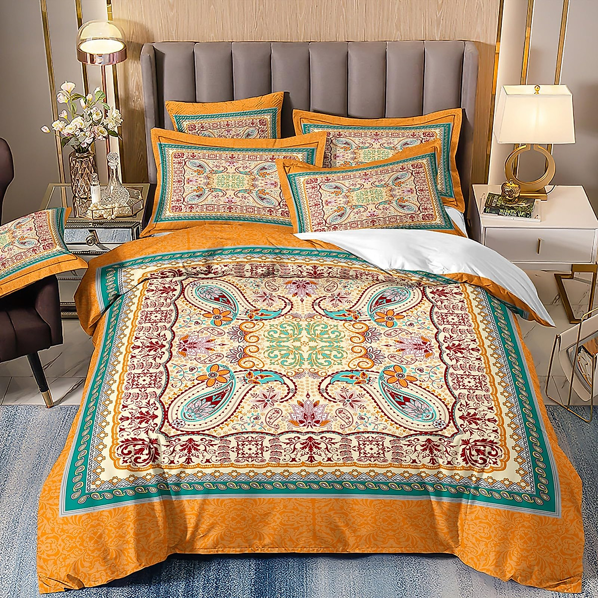 Microfiber Duvet Cover Set, Floral Texture Print Bedding Set Soft Breathable Quilt Cover with 1/2 Pillowcase, Luxury Home Decorations for Gift(US King 104"x90")