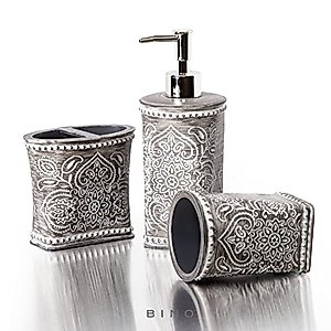 BINO Bathroom Accessories Set - Grey | Soap Dispenser | Toothbrush Holder | Tumbler | 3-Piece Bathroom Organizer Countertop Set | Bathroom Decor | Home Decor | Bathroom Set