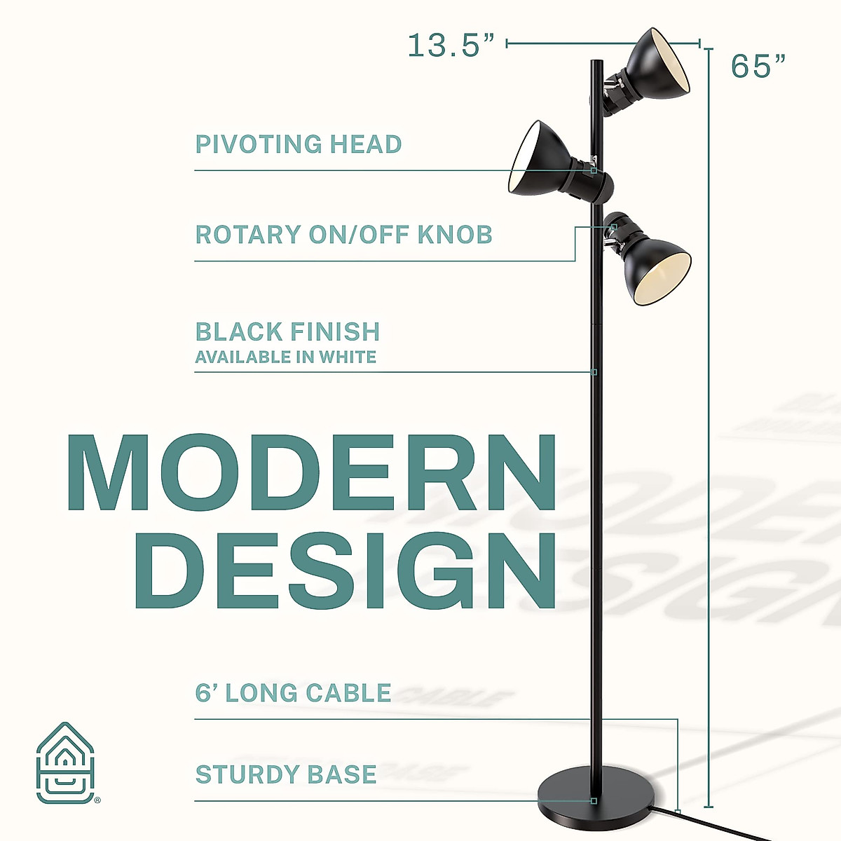 3 Light Floor Lamp Standing Lamp for Living Room, Bedroom, Office - Adjustable Modern Tree Floor Lamps, 60W Bright Spotlight Lighting - Rotating Swivel Corner Light for Reading, Black