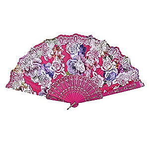 RAZZUM Decorative Folding Fans Pattern Hand Fan Silk Bamboo Folding Hand Folded for Church Wedding Dance Party Colorful Lace Silk Folding Handmade fan (Color : C)