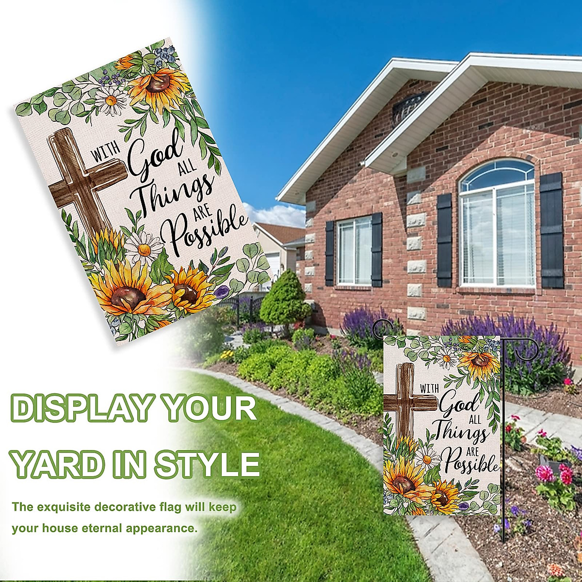 Covido With God All Things Are Possible Religious Spring Summer Easter Decorative Garden Flag, Cross Sunflower Yard Outside Decorations, Inspirational Fall Autumn Outdoor Small Home Decor 12 x 18