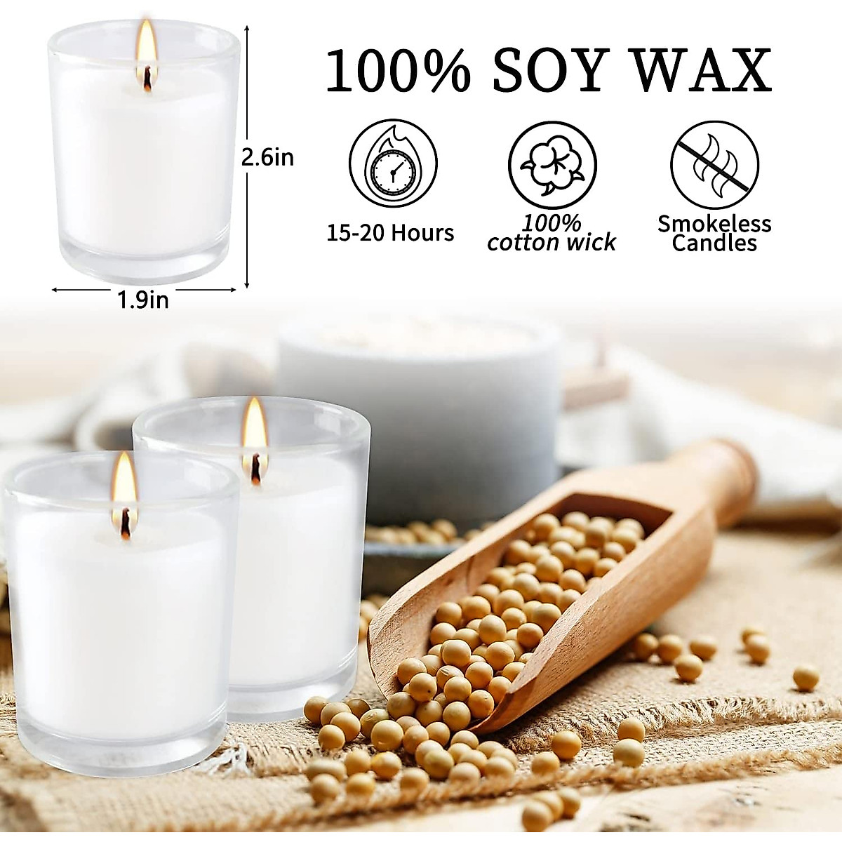 Onebird 20 Pack Warm White Unscented Clear Glass Filled Votive Candles. Hand Poured Wax Candle Ideal Gifts for Aromatherapy Spa Weddings Birthdays Holidays Party (Warm White)