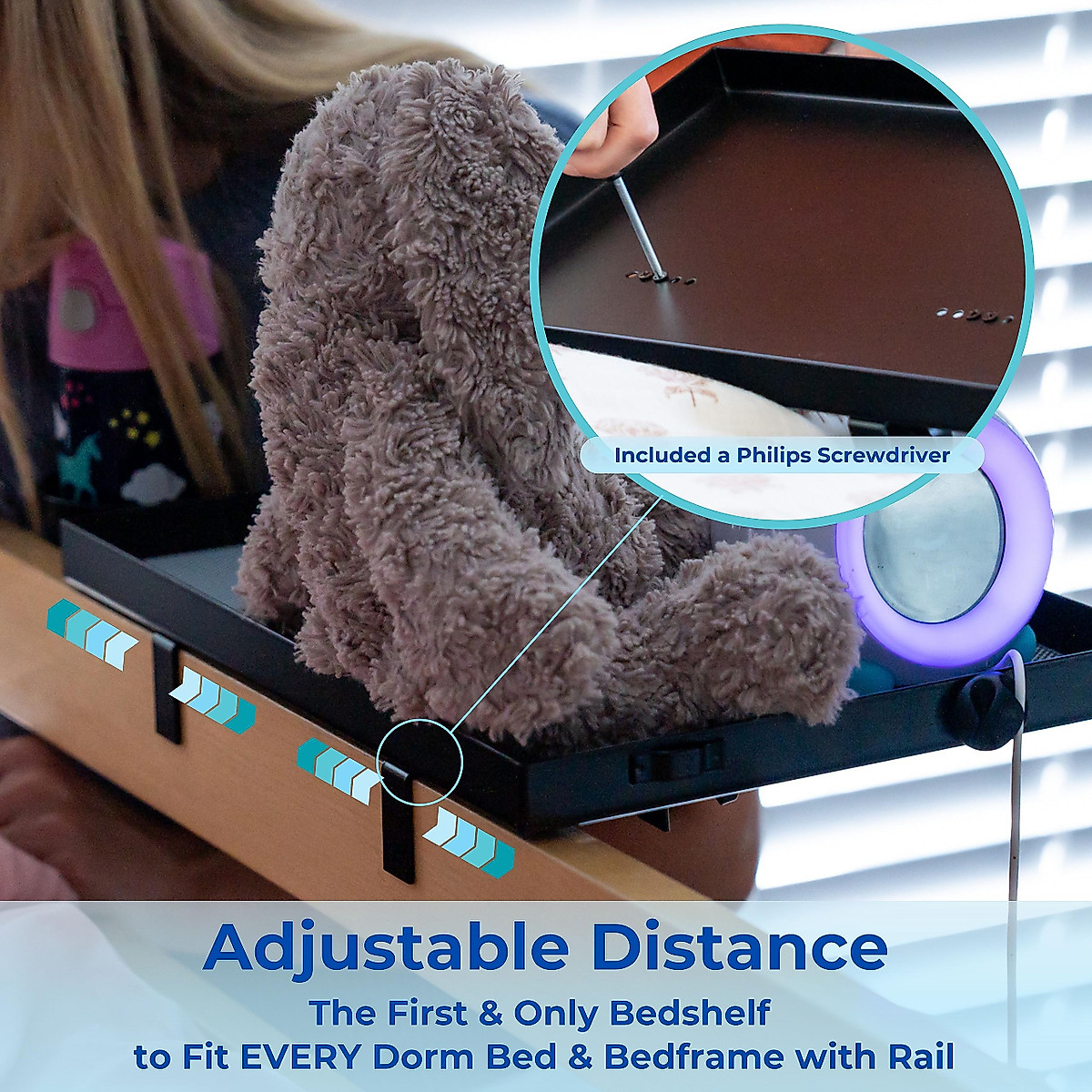 Premium Steel Bedside Shelf, Bunk Bed Shelf Organizer for Top Bunk Clip On Nightstand for College Dorm Loft Bed Bedside Shelf Tray for Kids with Cupholder, Hooks, Cable Organizer (Clamp, White)