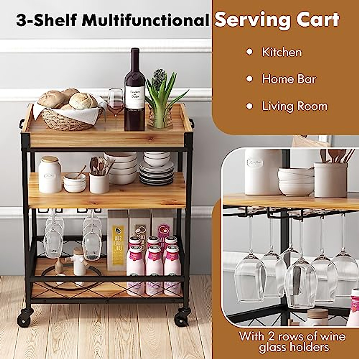 IFANNY Bar Cart, 3 Tier Rolling Cart with Removable Tray and Glass Holder, Wood Coffee Cart on Wheels, Small Kitchen Storage Islands & Carts, Serving Cart for Dining Room, Restaurant, Hotel