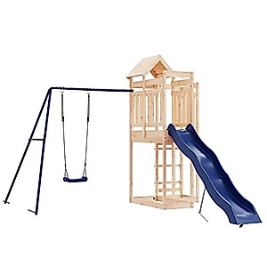 GOLINPEILO Outdoor Playset Solid Wood Pine, Garden Play Set with 1 Play Tower, 1 Wave Slide, 1 Single Swing Set, Modern Outdoor Backyard Children's Climbing Playground Playset(Style D)