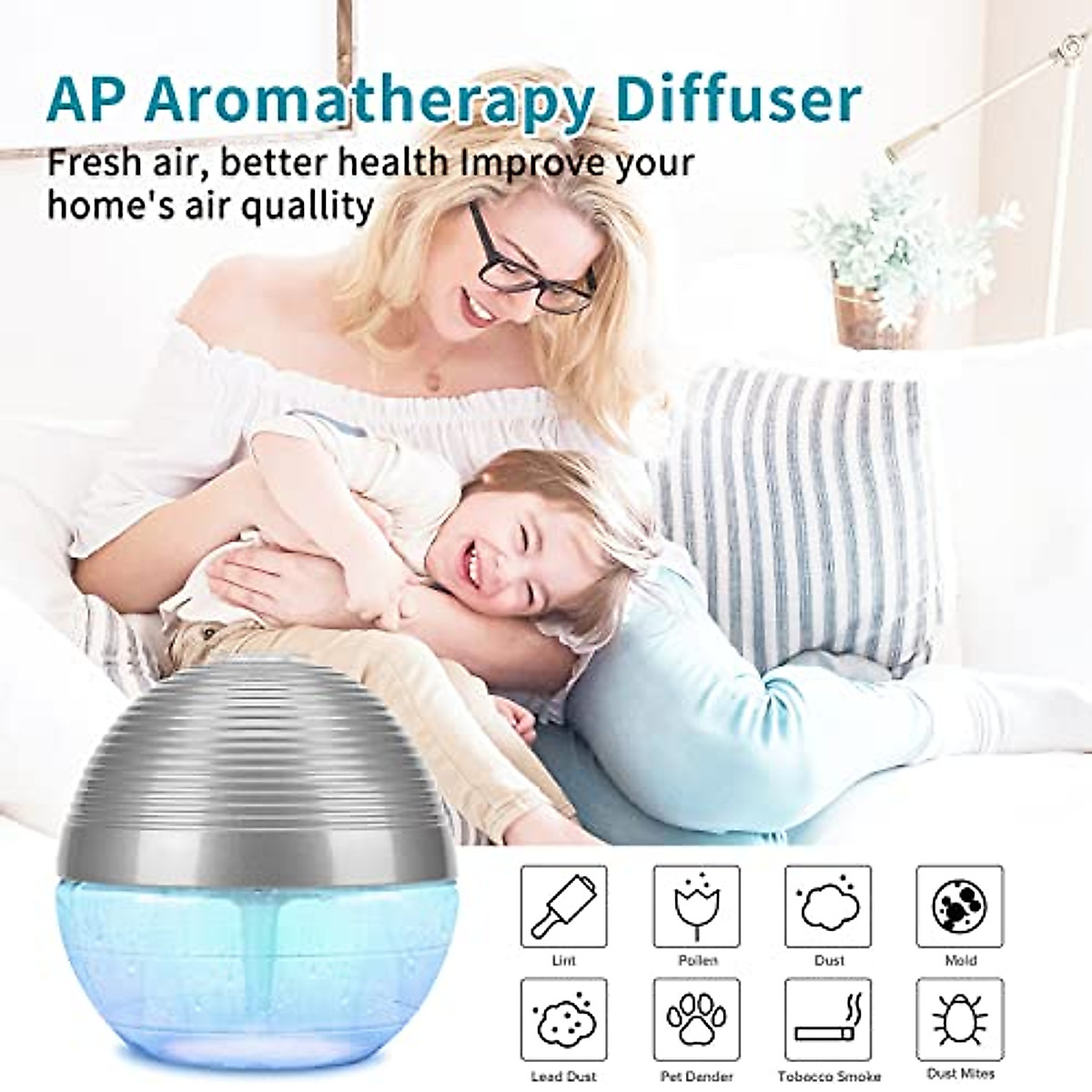 ap airpleasure Water-Based Purifier Air Washer, Revitalizer with 6 Colorful lights- Plus Lavender, Aqua Lily, Bulgarian Rose, Relaxing, Sleep Well, English Violet, 10ml Each