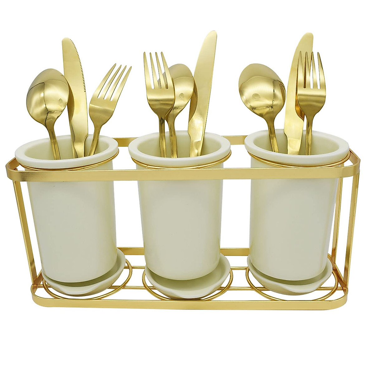 FORESEEX Ceramic Kitchen Outdoor Silverware Caddy Flatware Cutlery Holder Utensils Organizer with Drain Tray and Metal Rack for Spoons Knives and Forks (Light Yellow 3 Cups)