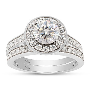 SAVEARTH DIAMONDS 14K White Gold Over Sterling Silver 1 3/4 Carat 6.5MM G-H Color Moissanite Lab Created Diamond Halo Engagement Wedding Ring Set 2 Pieces (1.75 Cttw) Ring Size-8