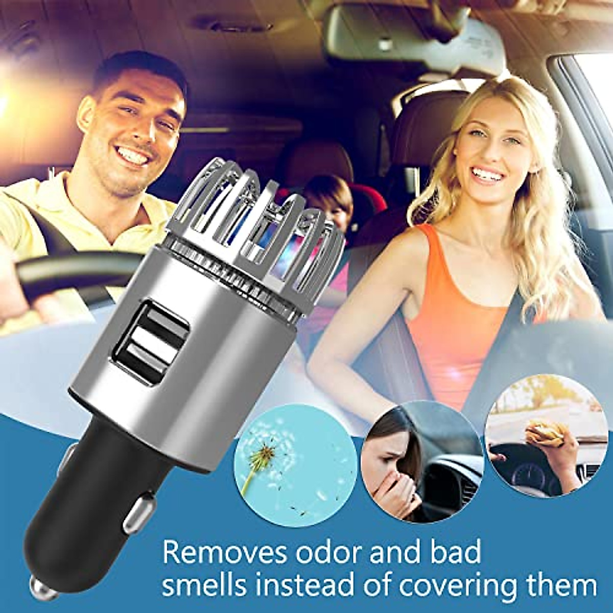 Car Air Purifier Ionizer, Mini size 12V Plug-in Car Air Freshener, Dual Fast Charge USB Car Charger | Release 5.6 Million Anion, Removes Dust, Cigarette Smoke, Bad Odors (Silver)