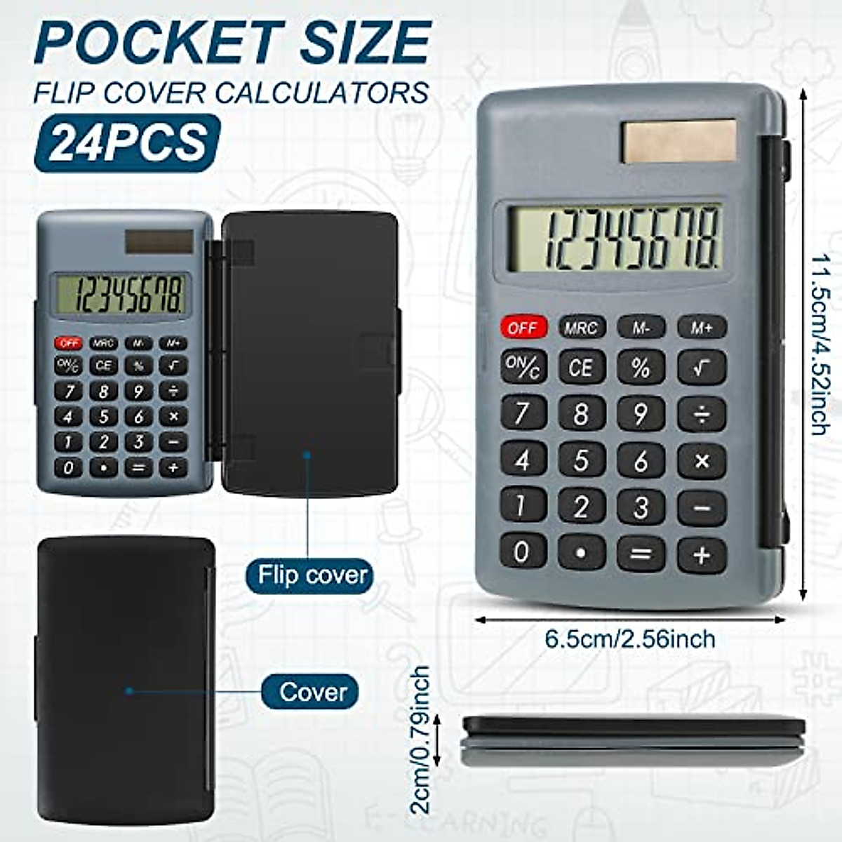 24 Pieces Pocket Calculator 8 Digit Display Basic Calculators Solar Battery Dual Power Office Calculators with Flip Open Cover for Desktop Home Office School Students Scientific Kids