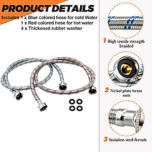 Beaquicy 4 Ft Washing Machine Hoses Burst Proof Braided Stainless Steel - Fit for ALL Washers - Red and Blue Washer Hoses(2 Packs)