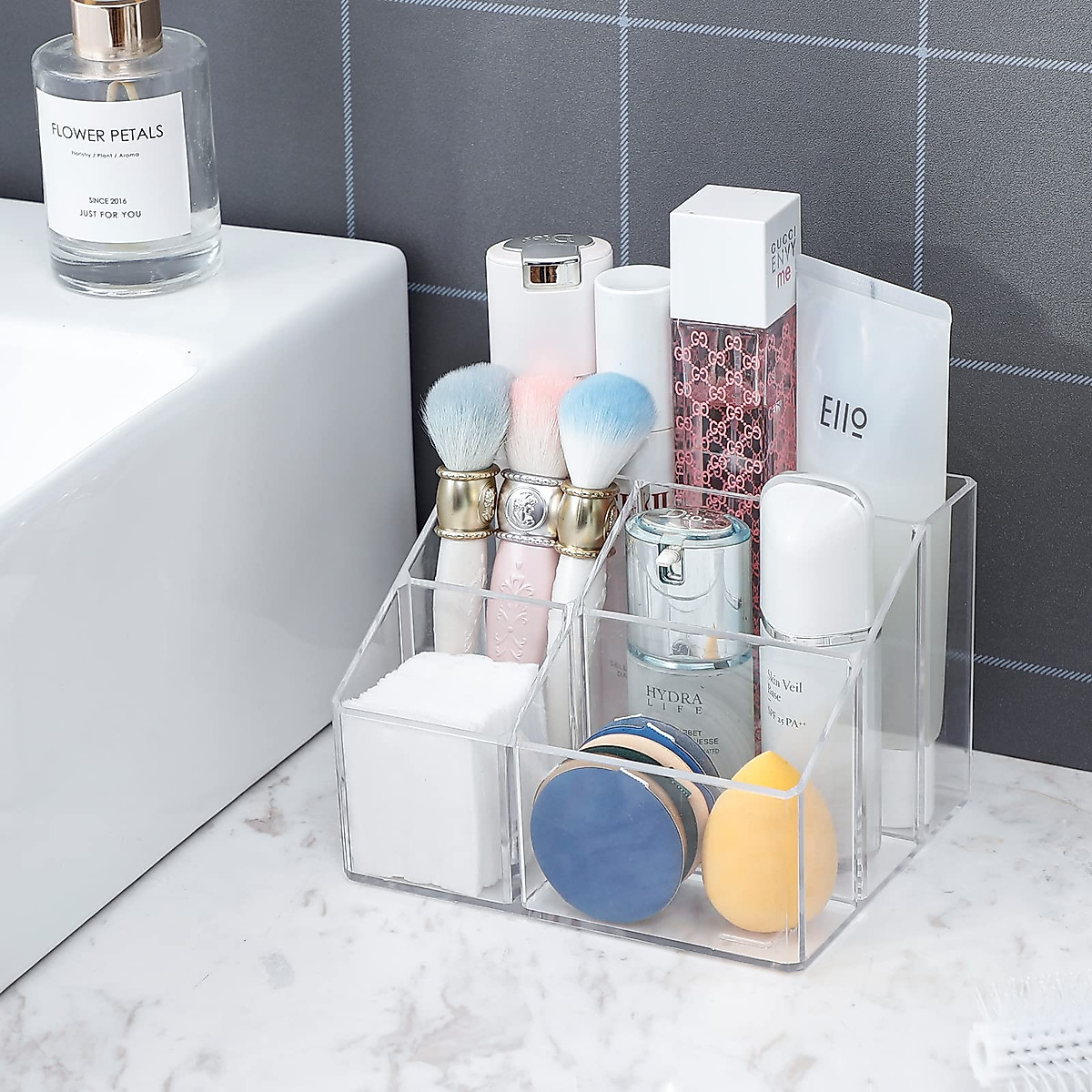 Yesesion Clear Makeup Organizer with 5 Compartments, Plastic Bathroom Counter Storage for Skincare, Toothbrush, Cosmetics Brushes, Palette, Lipsticks, Hair Accessories Holder for Vanity Dresser