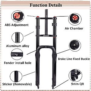 BUCKLOS 26 inch 4.0 Fat Tire Electric Bike Air Suspension Fork, 180mm Travel Spacing Hub 135mm 1 1/8 Straight Tube MTB Manual Lockout 9mm QR Mountain Bike Double Shoulder Ebike Front Forks