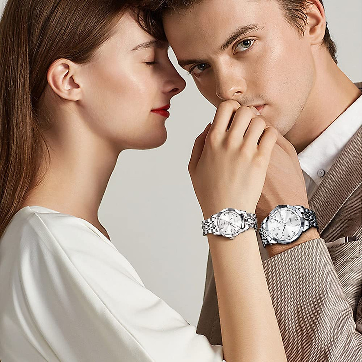 OLEVS Valentine's Day His and Her Couple Watches Fashion Dresse Matching Watches Quartz White Face White Stainless Steel Strap Luminous Waterproof Wrist Watch