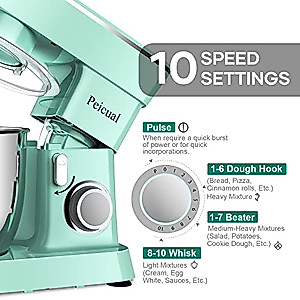 Upgraded Household Stand Mixer for Peicual 800W 10+P Speed High-Performance Tilt-Head Electric Kitchen Mixer 5.5 QT Stainless Steel Bowl with Dough Hook Flat Beater Wire Whisk & Splash Guard