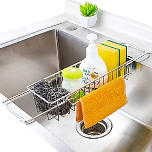 YQh Kitchen Sponge Holder, Sink Caddy，Sink Storage Rack Holder Adjustable，Over Sink Expandable(11.8''-18.9'') Brush Soap Storage Rack，Rust Proof Water Proof, No Drilling- Stainless Steel
