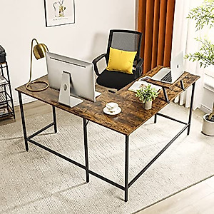 YMYNY L Shaped Computer Desk, Industrial Corner Table for Home Office, PC Laptop Workstation, Study Writing Gaming Table with Monitor Stand, Easy to Assemble, Rustic Brown, UHTMJ052H