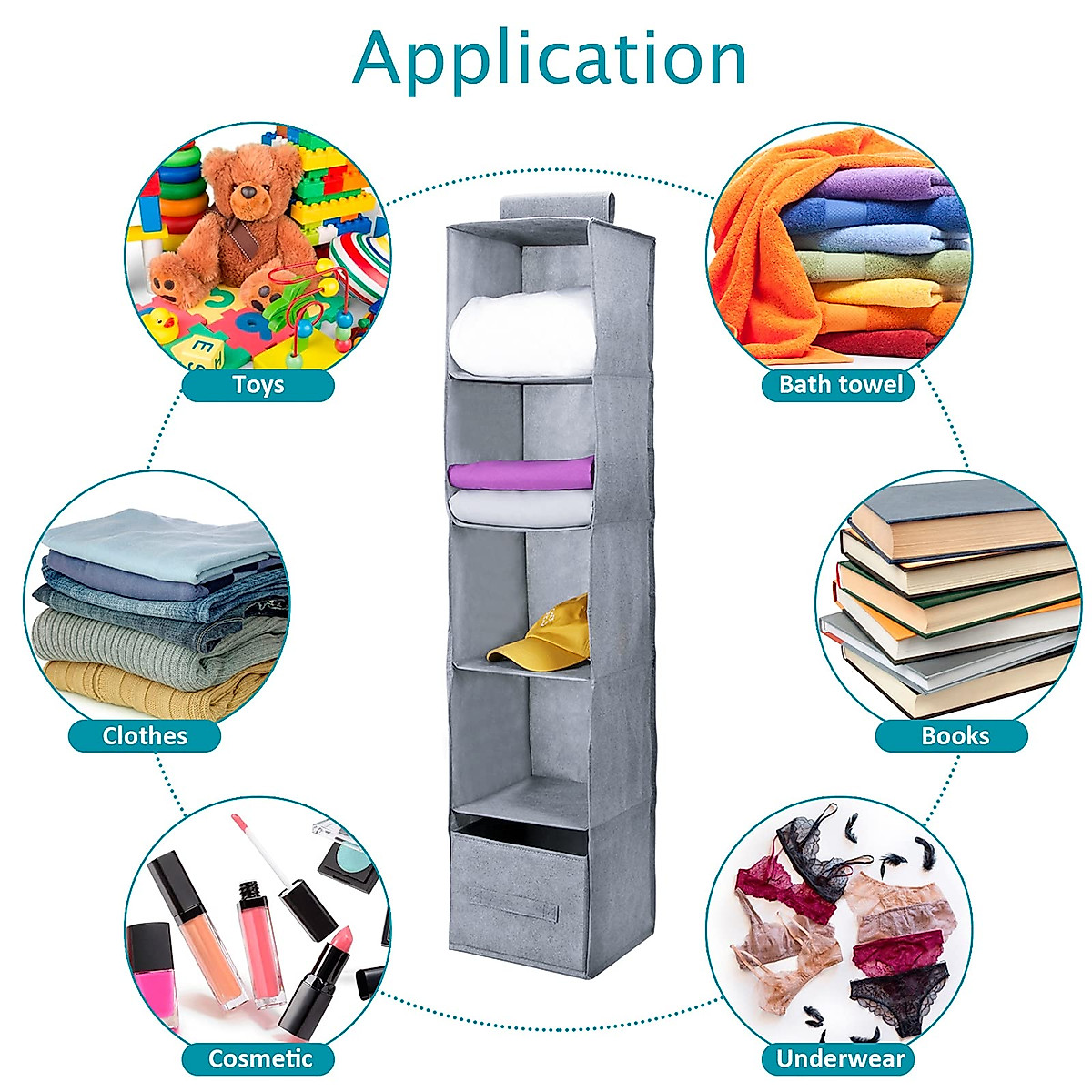 AHXNBDR Hanging Closet Organizers with Drawers, Cloth Hanging Shelves Space Saver, 5 Shelf Collapsible Hanging Closet Shelves with 1 Drawer 10.6”W x 10.6”D x 40”H