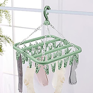 hautllaif Plastic Clothes Drying Hanger with 32 Clips and Drip Foldable Hanging Rack (Green)