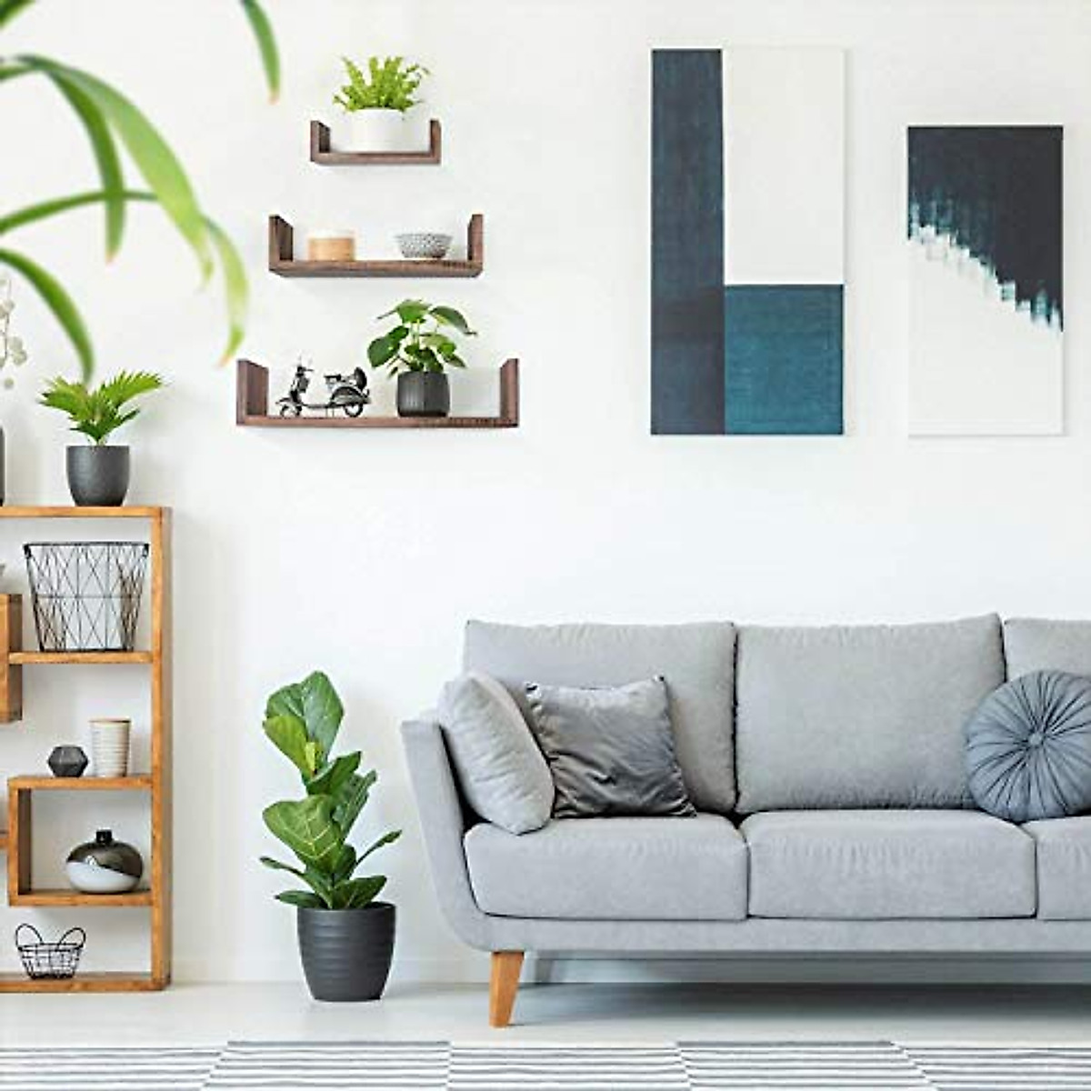 Under.Stated U Shaped Floating Wall Shelves - Rustic MDF with PVC Wall Mounted Display Rack | Multi-Purpose Hanging Shelves Set of 3 (Rustic Brown)