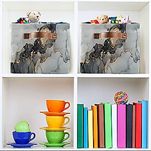 Gougeta Foldable Storage Basket with Handle, Grey Blue Marble Rectangular Canvas Organizer Bins for Home Office Closet Clothes Toys 2 Pack