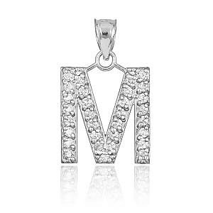 14k White Gold Diamond Alphabet Initial Letter M Bracelet Charm