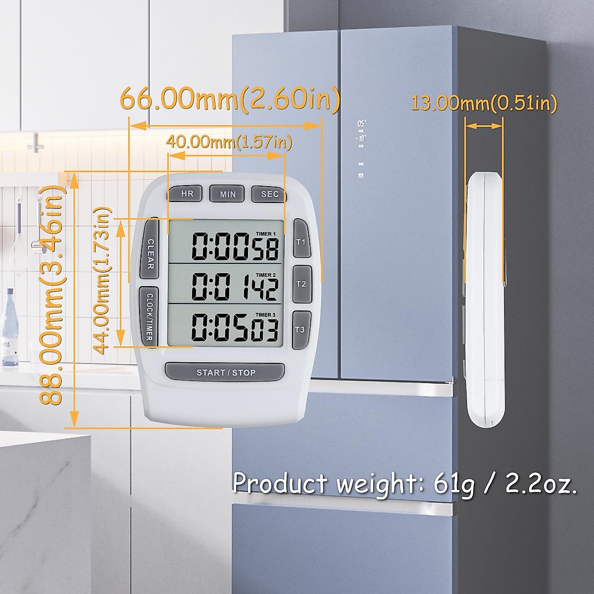Jayron JR-KT001 Digital Timer Large LCD 3 Channel Countdown Timer,Kitchen Timer,Count Down Count Up Timer Cooking Timer Reset Clock Alarm Loud Strong Magnet Bracket for Kids Elderly (White)