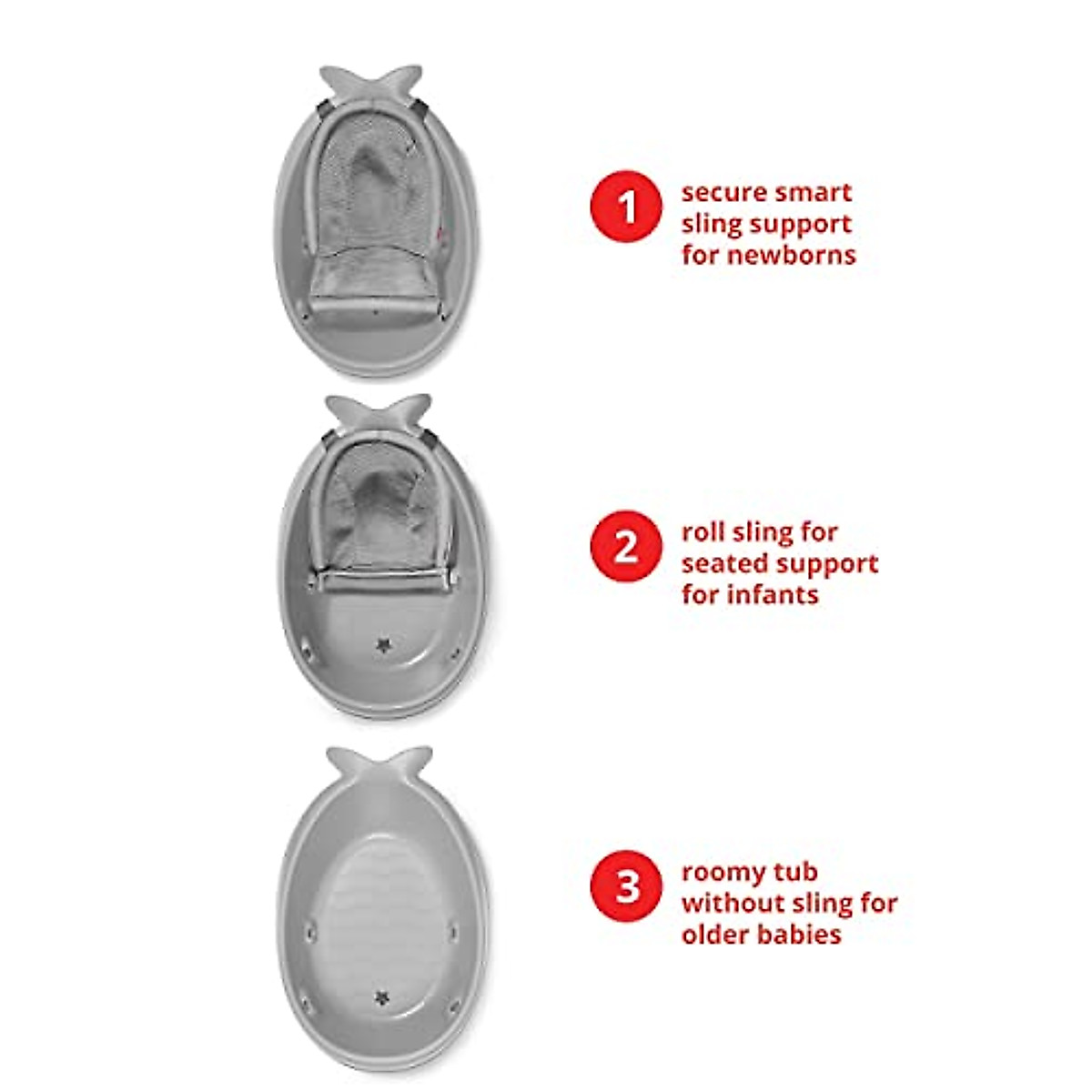 Skip Hop Baby Bath Tub, 3-Stage Smart Sling Tub, Moby, Grey