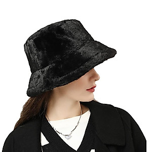 CZEVIP Black Faux Fur Bucket Hat Soft Warm Winter Fuzzyy Bucket Hat Fluffy Winter Hats for Women Men Furry Bucket Hat Unisex