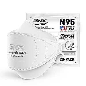 BNX N95 Mask NIOSH Certified MADE IN USA Particulate Respirator Protective Face Mask, Tri-Fold Cup/Fish Style, (20-Pack, Approval Number TC-84A-9362 / Model F95W) White