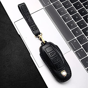 Tukellen for Porsche Leather Key Fob Cover with Keychain Key Shell Compatible with Porsche Panamera, Macan, Cayenne, 911-Black