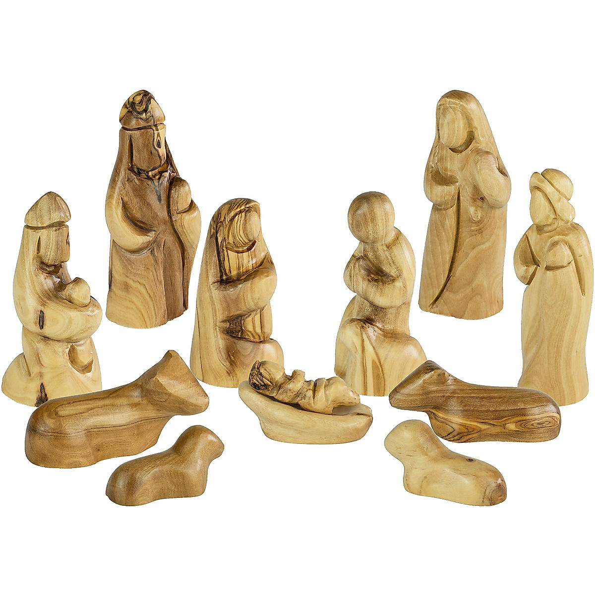 Holy Land Olive Wood Faceless Nativity Set from Israel, 12 Piece Unique Indoor Wooden Nativity Scene, Jesus Mary & Joseph Holy Family in the Manger Figurines, Seasonal Home Décor Accent for Christmas