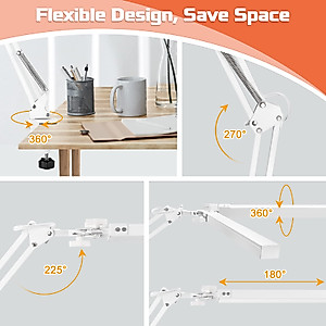 Lanhado LED Desk Lamp with Clamp, Architect Desk Lamps for Home Office, 24W Swing Arm LED Desk Light, Eye-Caring White Desk Lamp, 3 Lighting 10 Brightness Adjustable Desk Lamp for Read/Relax/Work