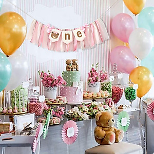 Bear Pink Ribbon One Highchair Banner - Girls 1st Birthday Party Decorations,Teddy Bear First Birthday High Chair Banner, One Woodland Camping Party Banner, Princess Bear 1st Birthday Photo Prop