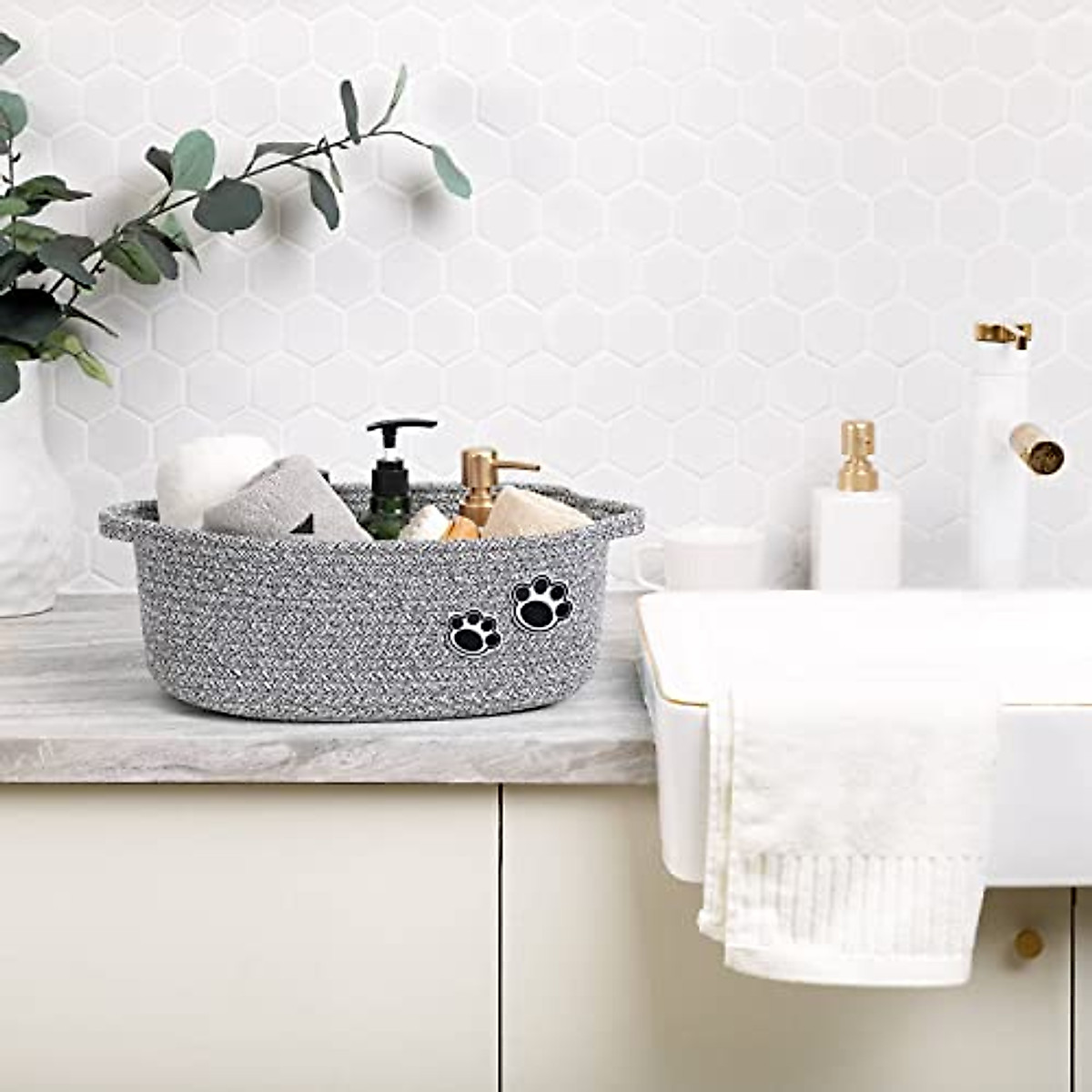 HiChen Small Cute Decorative Basket, Toy Basket for Dogs, Cats, Baby Nursery Storage Basket for Towels, Diapers, Woven Rope Basket for Shelf, 12 x 8 x 5 inches, Grey