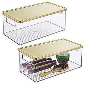 mDesign Plastic Bathroom Storage Organizer Bin - Stackable Box with Handles and Steel Lid - Perfect for Makeup and Medicine Organization - 15" Long - Ligne Collection, 2 Pack, Clear/Soft Brass