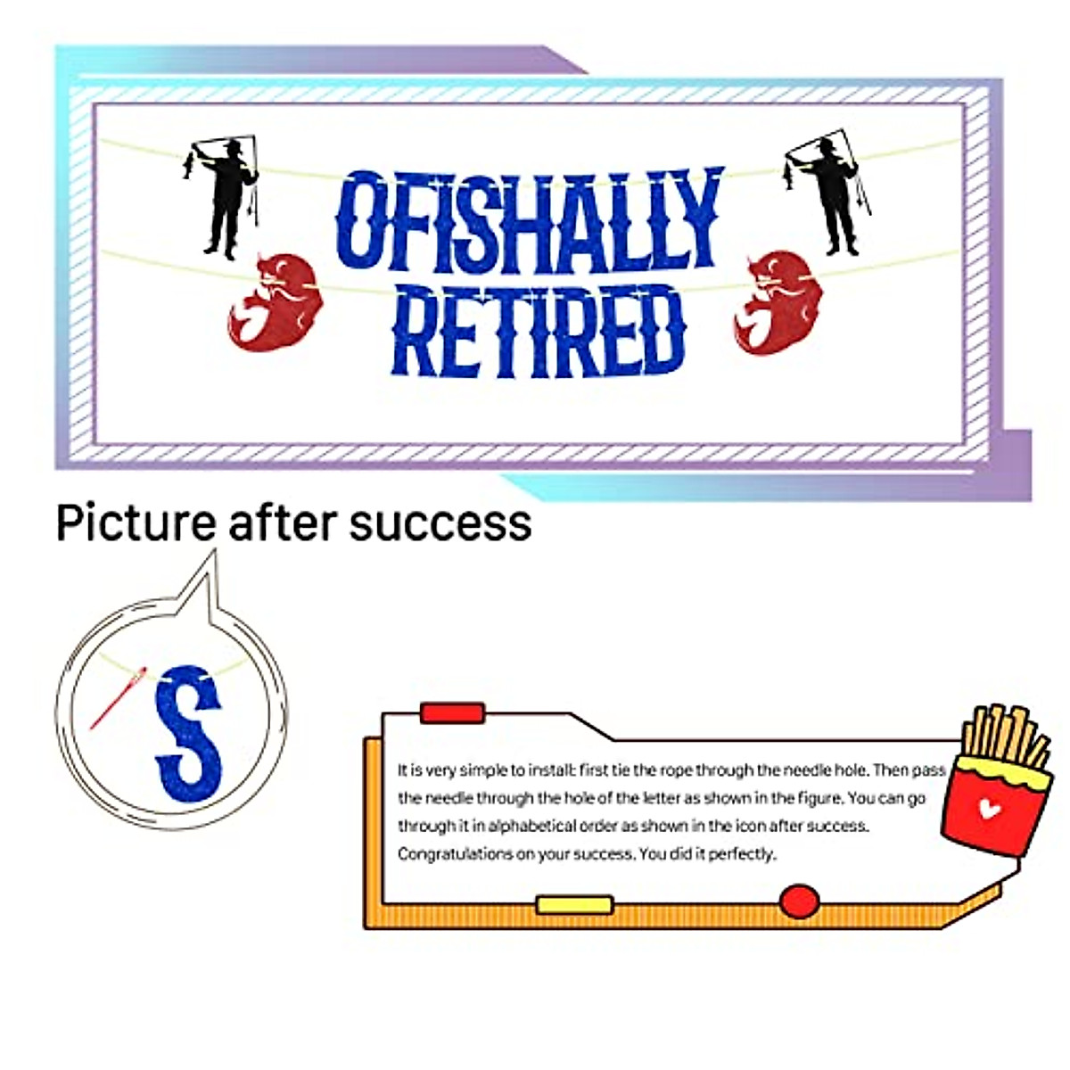 Ofishally Retired Banner, Happy Retirement ,Fishing Themed Retirement Party Decoration, Gone Fishing Themed Party Decoration(Double-sided Glitter)