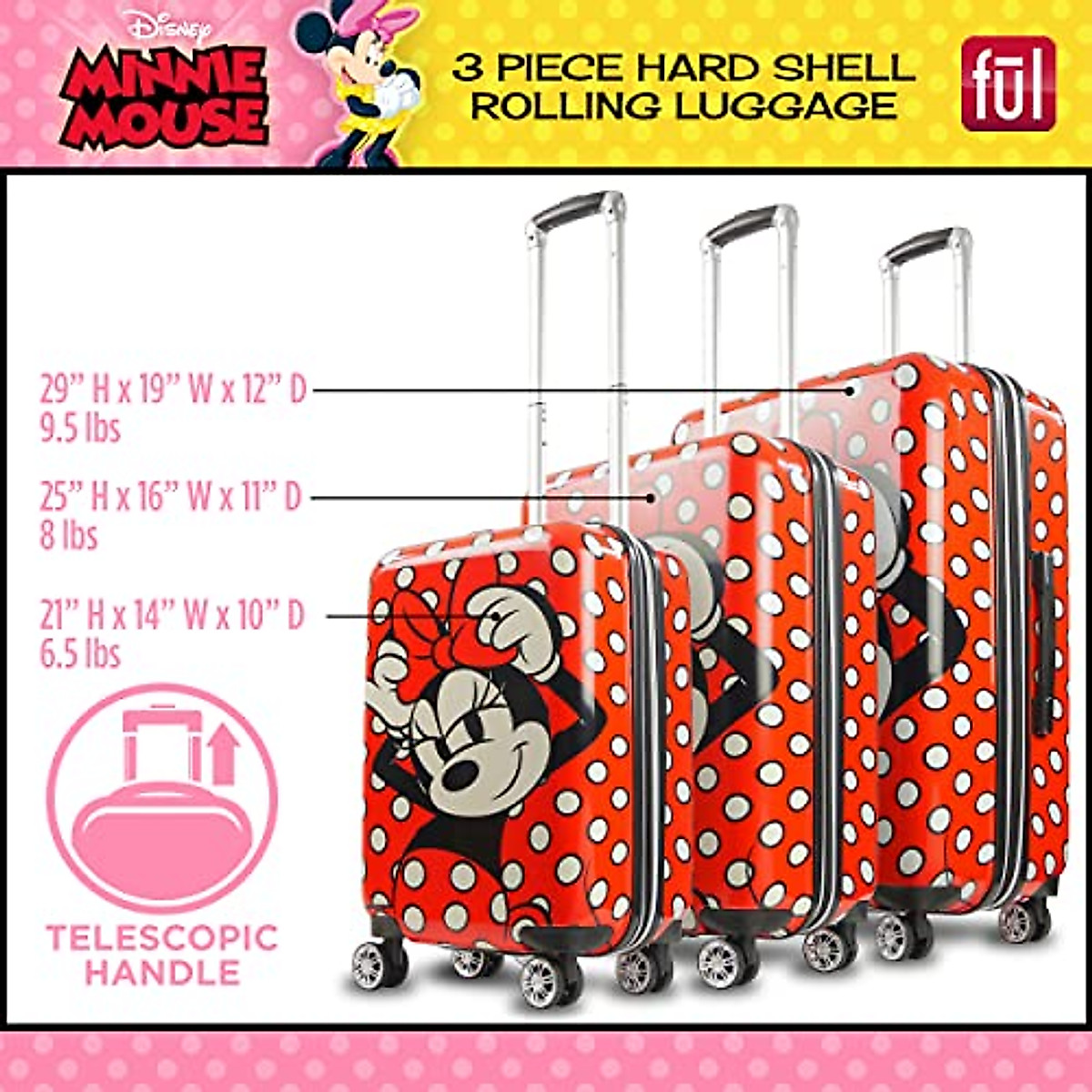FUL Disney Minnie Mouse 3 Piece Set Rolling Luggage, Polka Dot Printed Hardshell Suitcase with Wheels, 21, 25 and 29 Inch, Red (FCFL0153-603)
