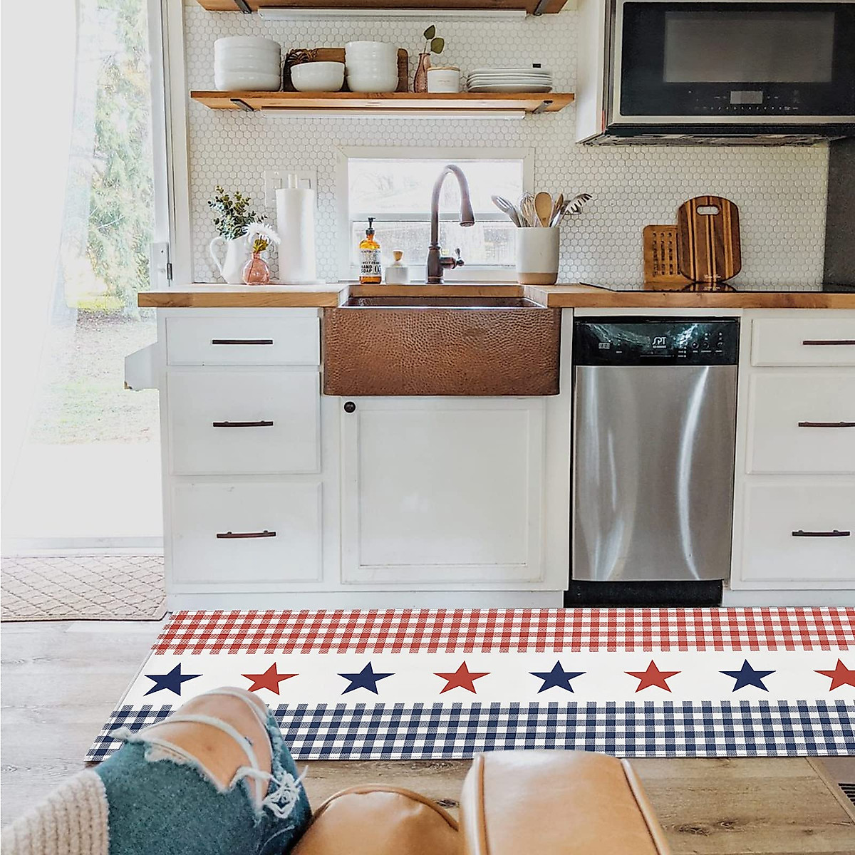 Rampower Kitchen Rugs, Independence Day Star Blue Red Plaid Buffalo Check 4th of July Non Slip Runner Rug Mat for Floor, Kitchen, Bedside, Sink, Office, Laundry, 19.7"X47.2"