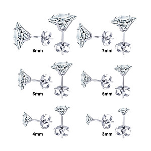 LUXU kisskids 6 Pairs Stainless Steel Stud Earrings Hypoallergenic Cubic Zirconia 316L Earrings Stainless Steel CZ Earrings 3-8mm for Women Girls