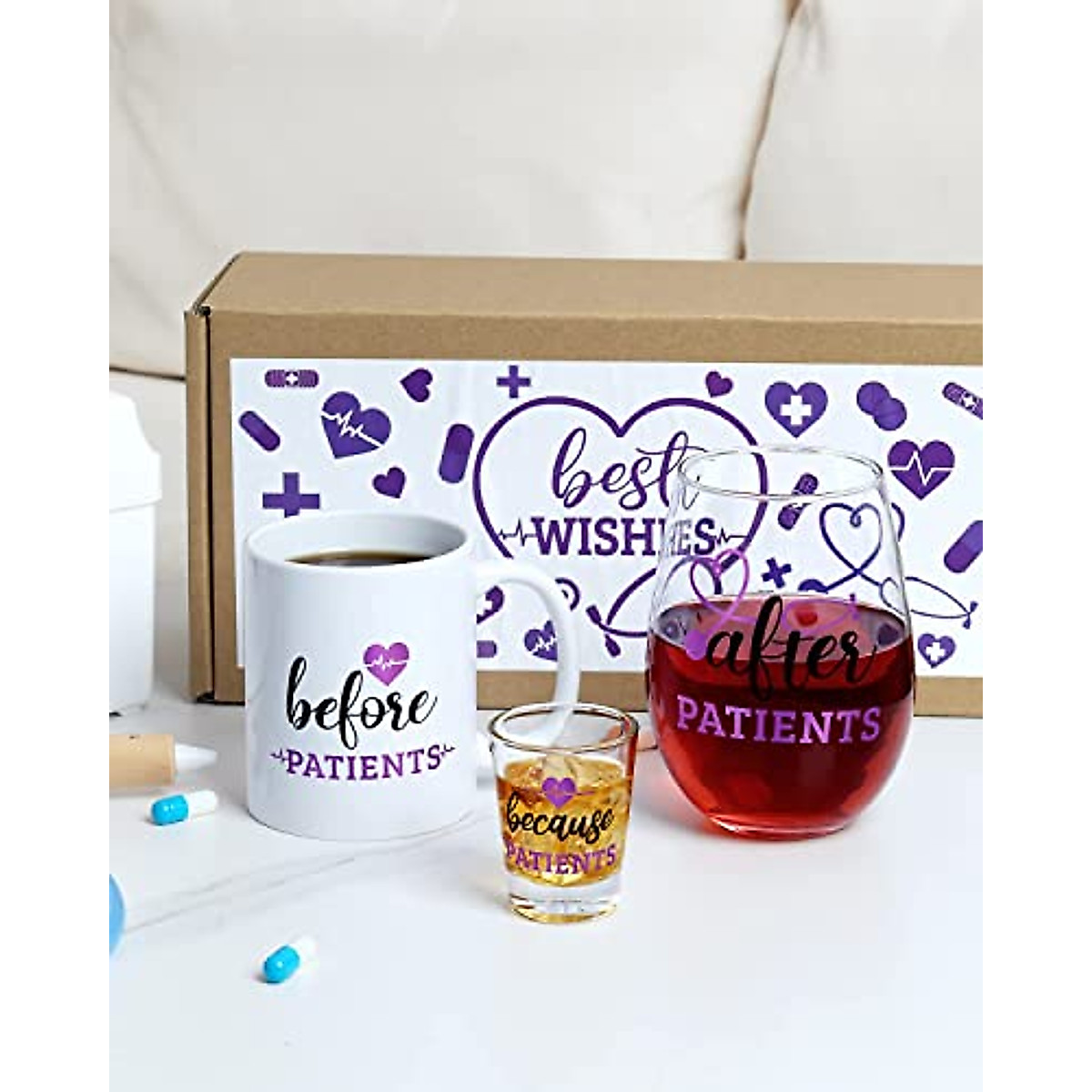 Levfla Before Patients After Patients Set Nursing Gifts 11 oz Coffee Mug 18 oz Stemless Wine Glass 2 oz Shot Glass for Doctor's Day Pediatrician Physician Graduation Birthday Nurse Week Gifts (Purple)