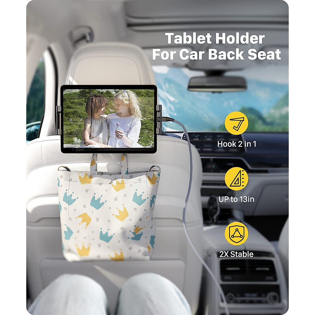 Bakel Portable Electronic Device Mount, Black, Compatible with iPhone, iPad, 6"-10" Tablets, 4.7"-8" Cell Phones, Fits Headrests 5.2in-5.7in Wide, Never Shakes, Hook 2 in 1