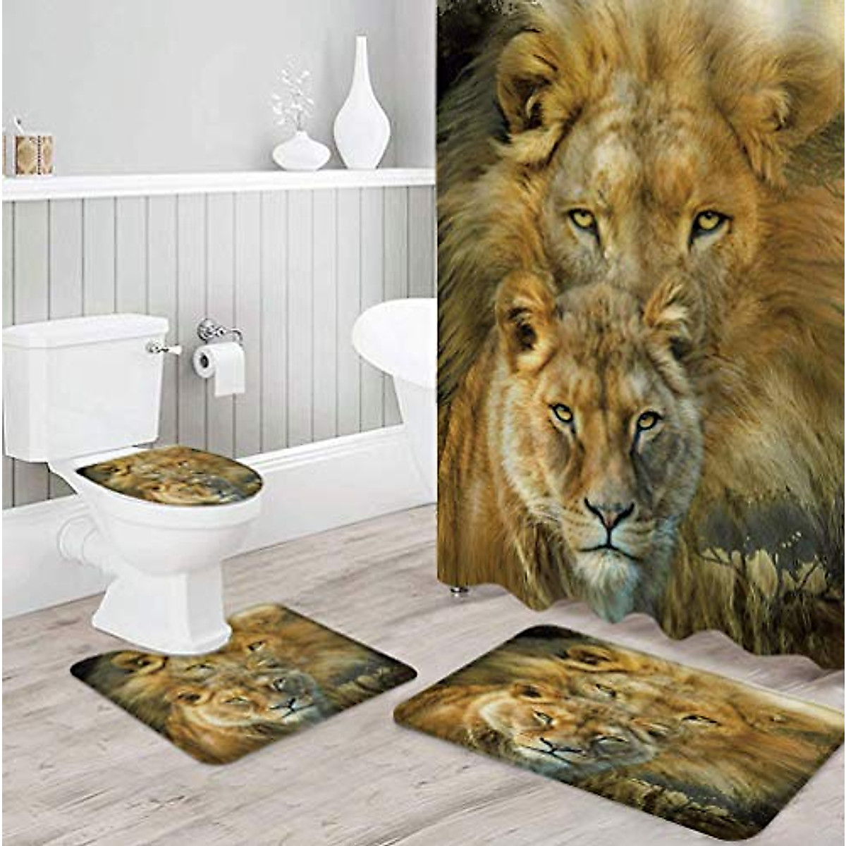 BULING 4Pcs Shower Curtain Set with Rugs,Mighty Lion Father and Son Shower Curtain with 9 Hooks, Bath Mat, Toilet Lid Rug and Non-Slip U Shape Mat Accessories