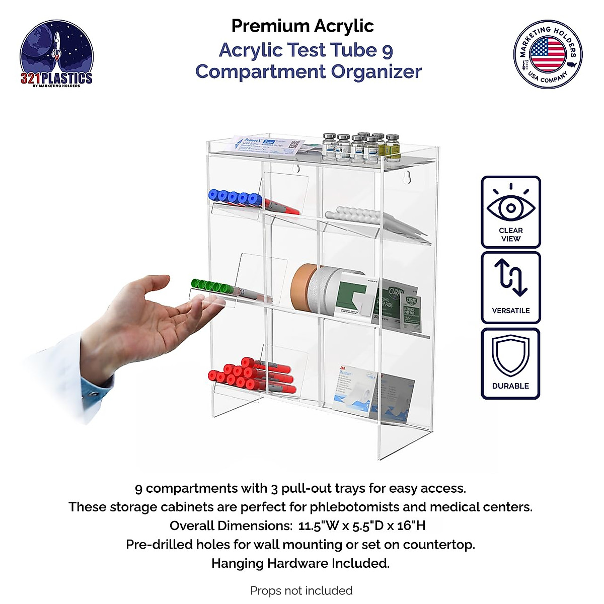 Tube Rack Clear Acrylic 9 Compartment 11.5" x 5.5" x 16" Wall Mount with Hanging Hardware or Countertop Phlebotomists Scientists Nurses Physicians Emergency Technicians by Marketing Holders