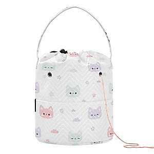 ElliTarr Crochet Bag Yarn Bag with Handle Portable Knitting Project Bag Travel Yarn Storage Organizer Holder Case Cute Cat White