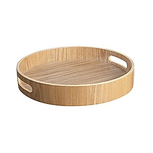 i-lan 12 Inch Modern Round Wooden Tray with Handles and 2”Wall, Circle Coffee Ottoman Tray with Natural Wood Grain, Decorative Server Tray Display for Food and Drinks