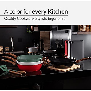 Phantom Chef 11" Deep Frypan 5 Qt Wok | Aluminum Body Non-Stick Ceramic Coating | With Soft Touch Stay Cool Handle | Dishwasher Safe | Non-Toxic PFOA & PTFE Free (Red)