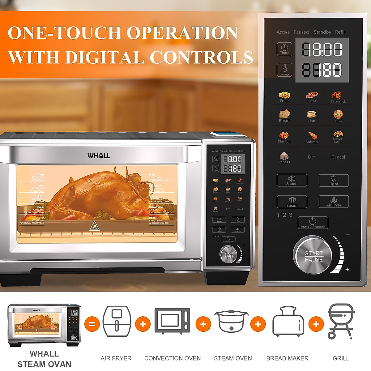 WHALL Toaster Oven Air Fryer, Max XL Large 30-Quart Smart Oven,11 function Toaster Oven Countertop with Steam Function,12-inch Pizza/1700W