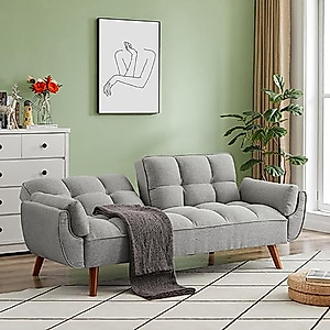Sofa Bed with Wood Base, Modern Convertible Futon Sleeper Couch Daybed with Adjustable Backrest for Studio, Apartment, Office, Small Space, Compact Living Room Recliners (Grey)
