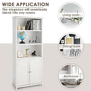 IFANNY Tall Bookshelf with Doors, 3 Shelf Bookcase with Storage Cabinet, Vertical Bookshelves and Bookcases, Modern Display Shelf, Wood Book Shelf for Bedroom, Living Room, Home Office (White)